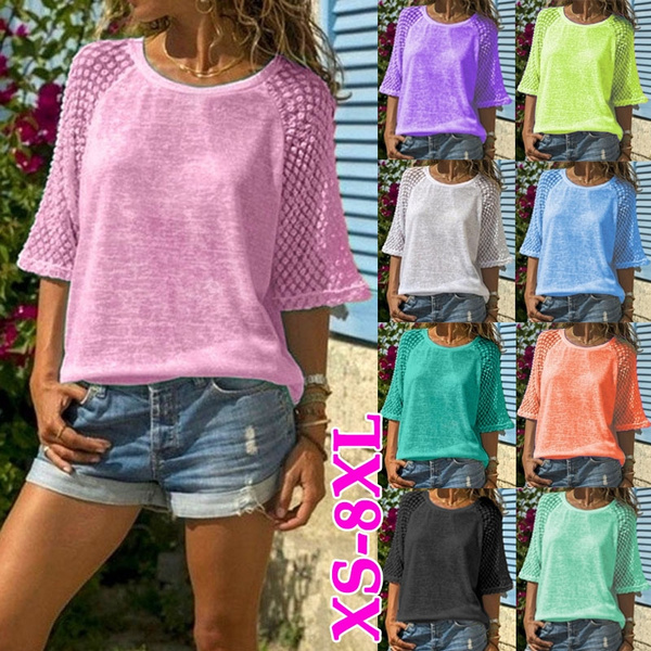 Ladies Fashion Summer Short Sleeve T Shirts Solid Color Lace Stitching