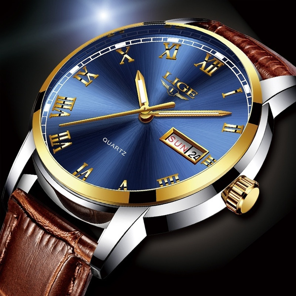 LIGE Luxury Brand Leather Quartz Watch Men's Wristwatch Waterproof ...