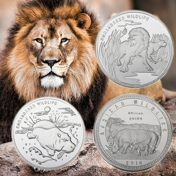 Animal Commemorative Coin Silver Plated Lion / Rhino / Hippo Model Coin ...