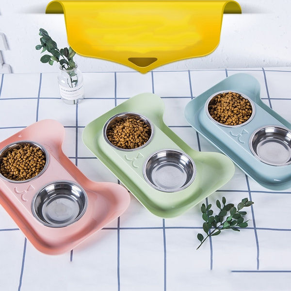 Stainless Steel Pet Dog Plastic Double Bowls Food Plate Teddy Dog Cat ...