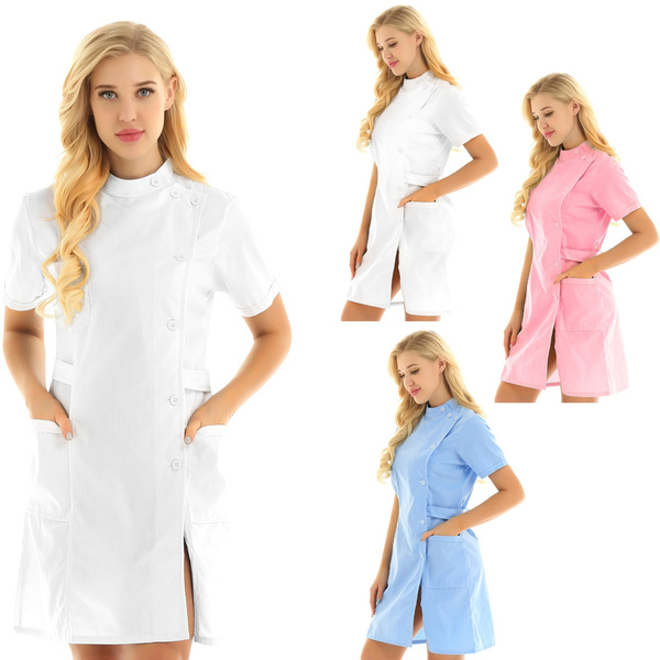 Womens Nurse Uniform Clothing Short Sleeve Button Front Lab Coat ...