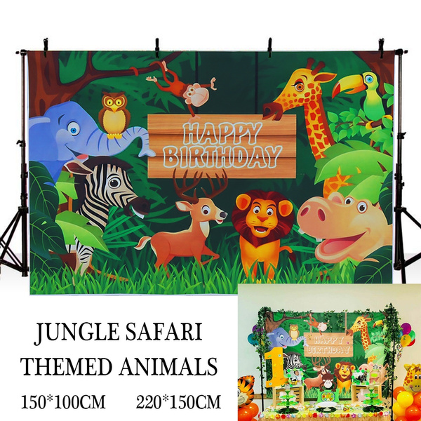 Safari Woodland Happy Birthday Backdrop Safari Jungle Animals ...