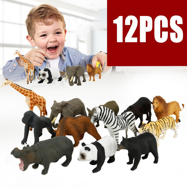 12pcs Plastic Zoo Models Tiger Monkey Leopard Hippo Giraffe Simulation ...
