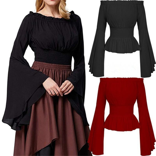 Womens Medieval Renaissance Gothic Bell Sleeves Ruffle Off Shoulder ...