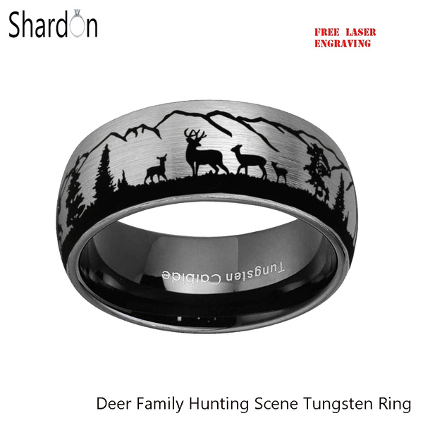 Deer Family Hunting Scene Dome Black Tungsten Ring, Mountains Forest ...