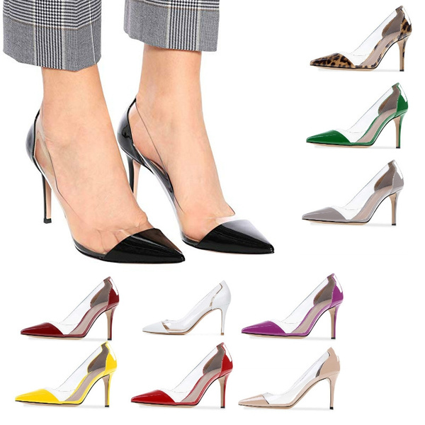 Women's 80mm Pointed Toe Transparent Pumps Clear PVC High Heels Dress ...