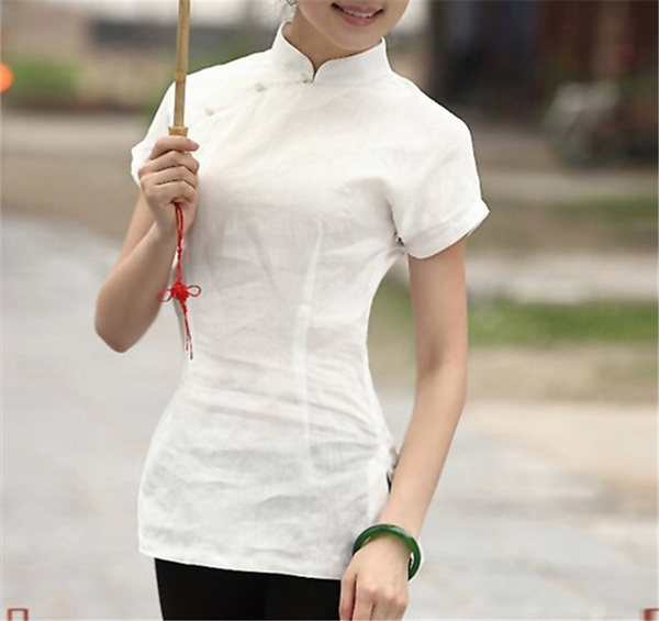 Shanghai Story White Chinese Blouse Blend Linen Cheongsam Top for Women ...