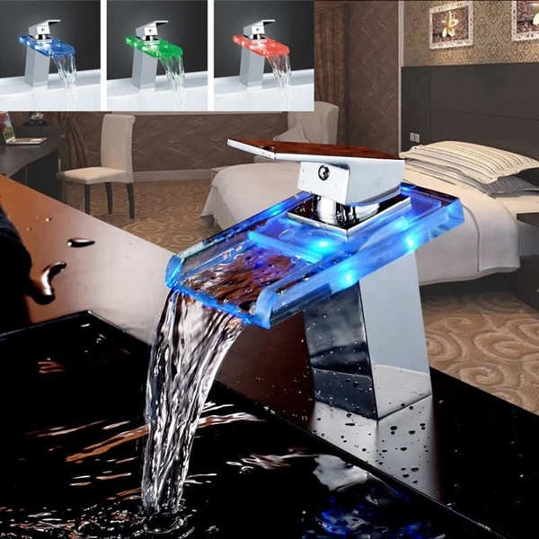 3Color Bathroom Waterfall Led Faucet Glass Waterfall Deck Mounted basin ...