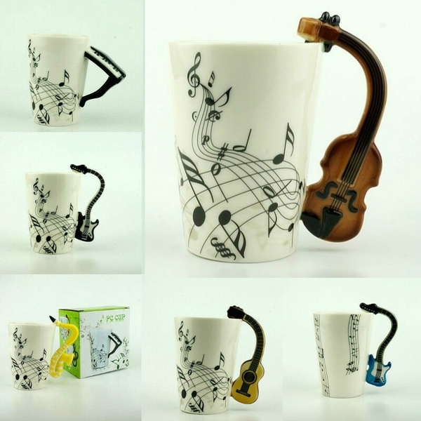 Music Notes Pattern Coffee Cup White Ceramic Musical Instrument Handle ...