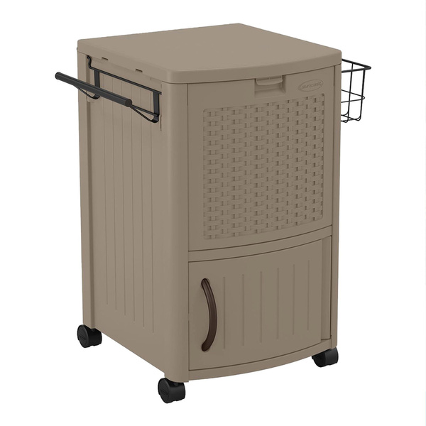 Suncast 77 Quart Resin Wicker Patio Cooler with Cabinet and Wire Basket ...