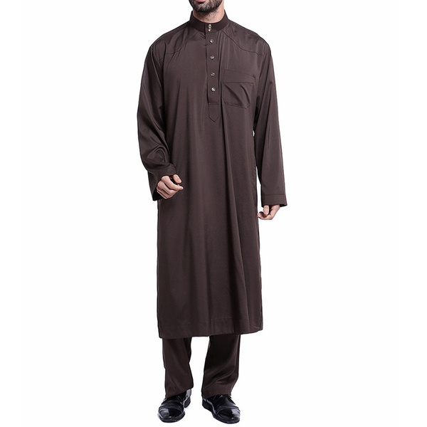 Men Muslim Set Clothing Long Sleeve Robe Saudi Arab Islamic Pants Dress ...