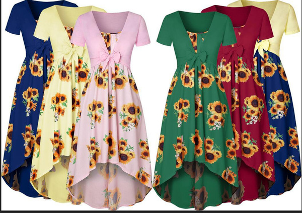 Two sets of vintage sunflower print pendant sleeve V-neck pendulum ...