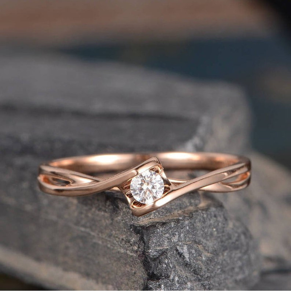 Rose Gold Diamond Engagement Ring Solitaire Infinity Curved Cross Band ...