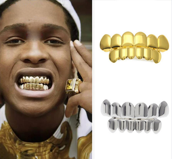 Hip Hop 8 Gold Teeth Grillz Dental Mouth Punk Teeth Caps Cosplay Party ...