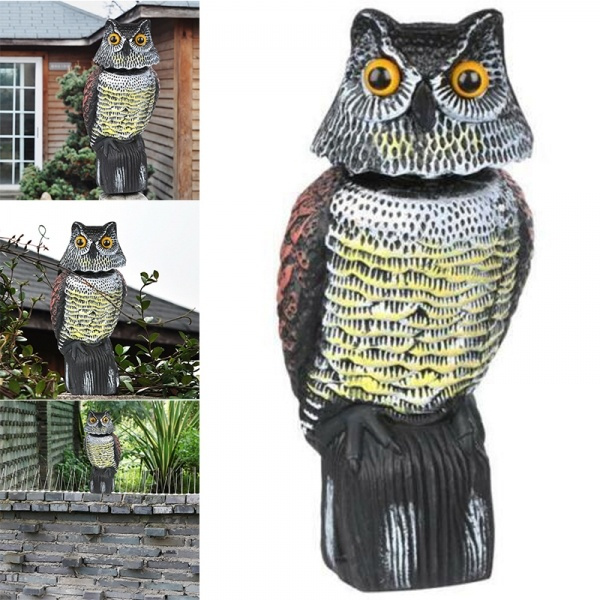 Rotating Head Owl Decoy Repellent Bird Scarer Scarecrow Garden ...