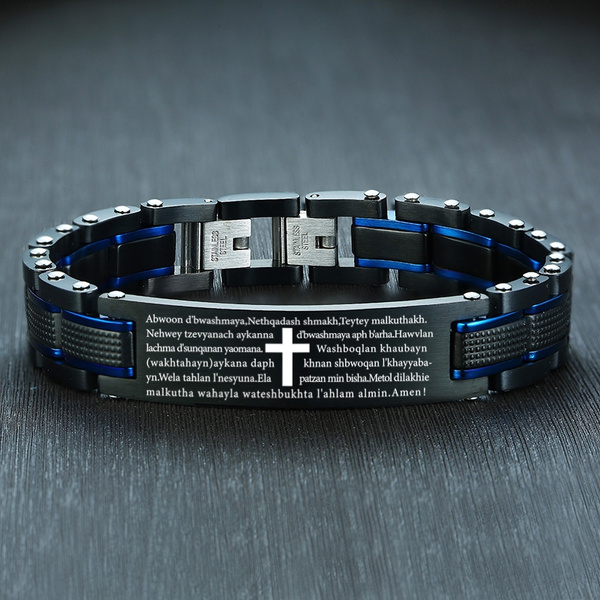 Aramaic Prayer ID Bracelet for Men in Stainless Steel with Blue IP ...
