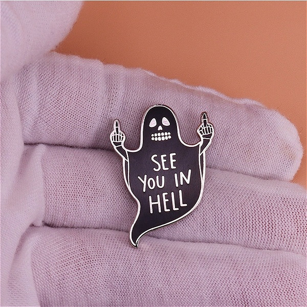 Black Ghost Middle Finger Enamel Pin See You In Hell Halloween Horror ...