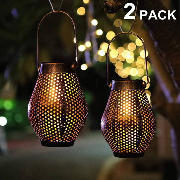 Isyunen Solar Lantern Lights Outdoor 2 Pack Dancing Flame Waterproof ...