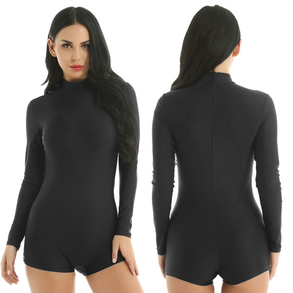 Women Mock Neck Long Sleeve Fitness Gymnastic Unitard Skinny Casual ...