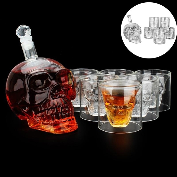 700ml Glass Skull Face Decanter with 6 75ml Skull Shot Glasses for ...
