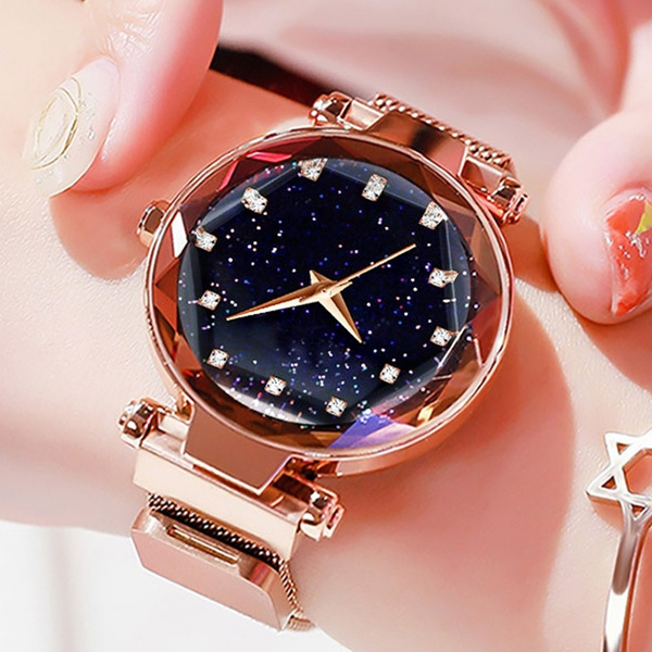 Luxury Starry Sky Watches Women Rose Gold Bracelet Rhinestones Quartz ...