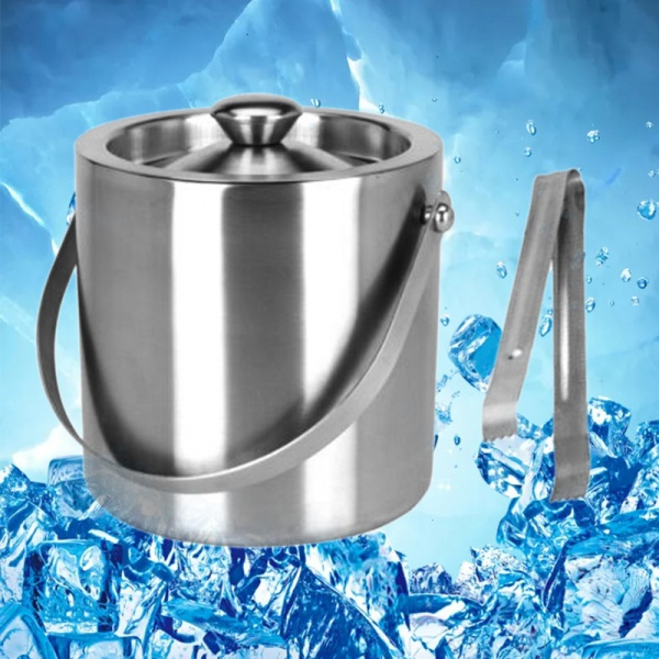 Brushed Stainless Steel Double-walled Handle Ice Bucket Lid Tweezer ...