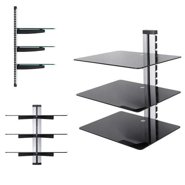 3 Tier Multimedia TV Rack Wall Mount For DVD Player Metal Glass Shelf ...