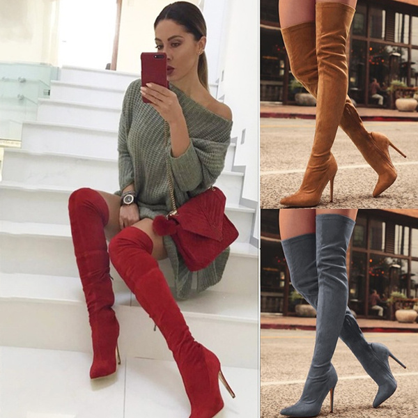 Women Stretch Faux Suede Slim Thigh High Boots Sexy Over The Knee Boots
