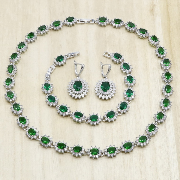 Green Crystal 925 Sterling Silver Jewelry Sets for Women Necklace ...