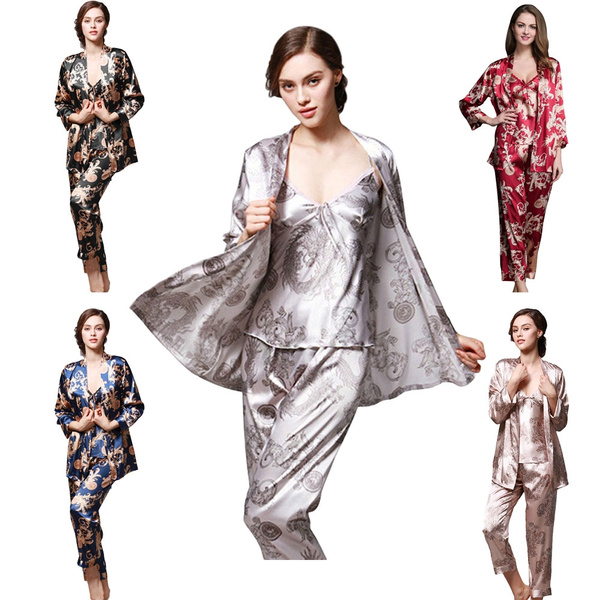 Strap Sleepwear Women Nightwear Faux Silk 3 Piece Suit isfang | Wish