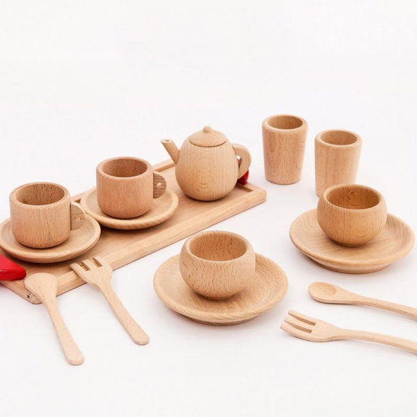 1Set Wooden Tableware Tools Tea Pot Tea Cup Teatime Party Play Toy ...