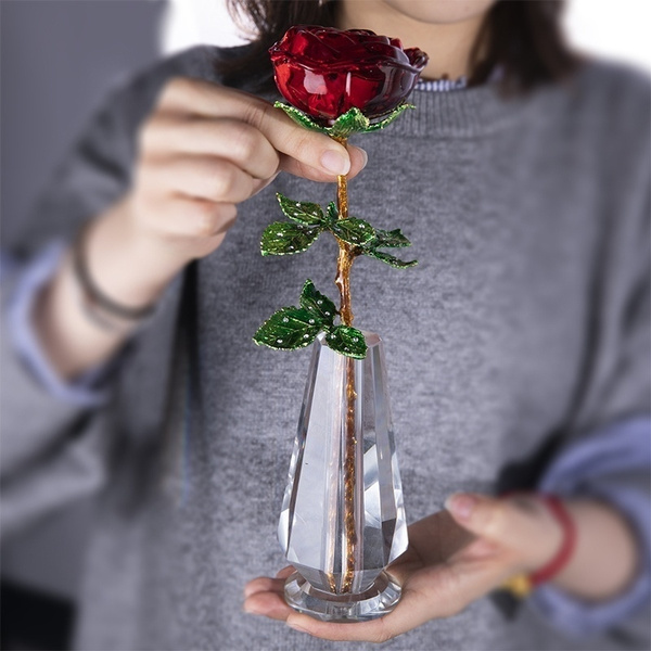 Crystal Red Rose Flower with Green Leaves Crystal Vase Stand Romantic ...
