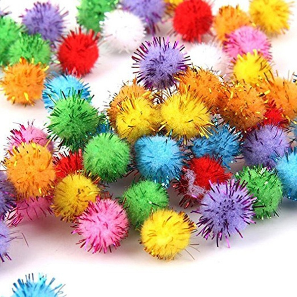 100 Pcs Glitter Tinsel Pompom Balls Small Pompoms Ball Cat Puppy Toys ...