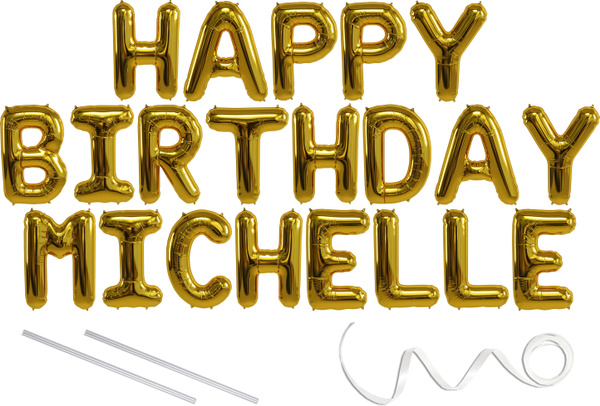 Michelle, Happy Birthday Mylar Balloon Banner - Gold - 16 inch Letters ...