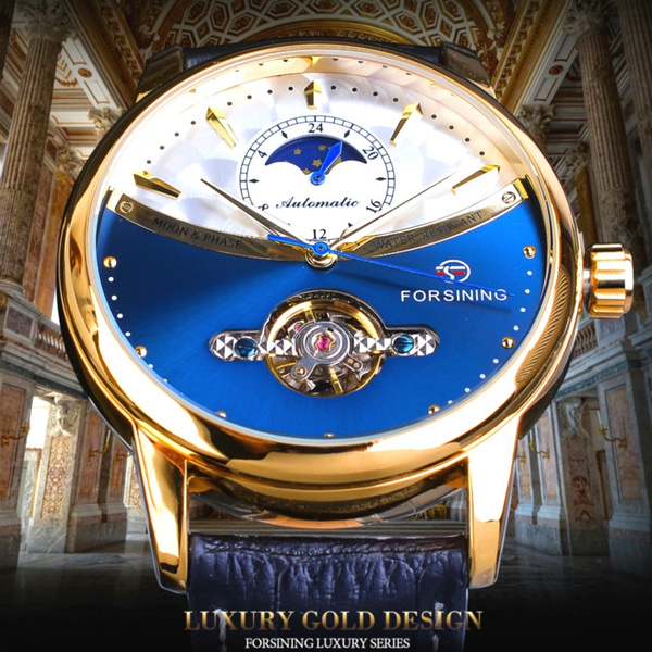Mens Blue Face Tourbillon Mechanical Watch Moon Phase Business Watch ...