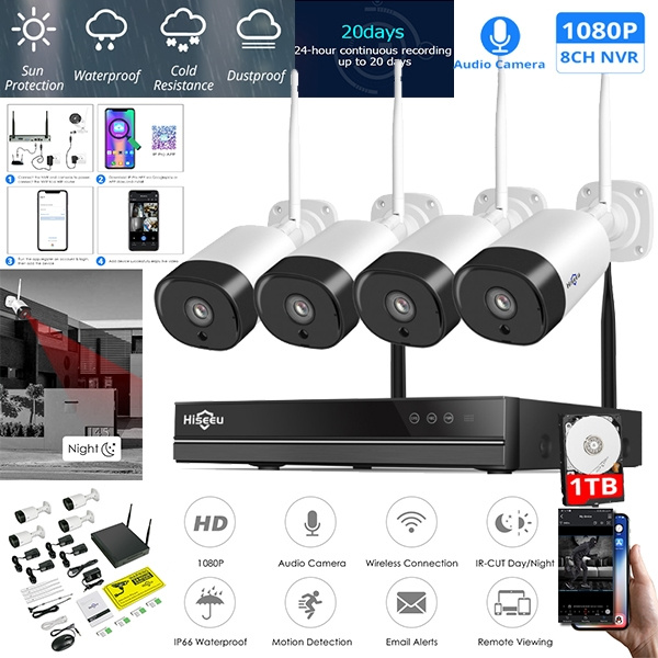 Wireless camera set 4 channels with voice -200W white Home camera set 1 ...