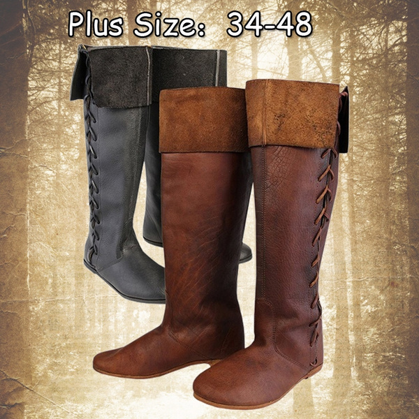 Medieval Men's Cuffed Knee High Leather Viking Boots Brown Black ...