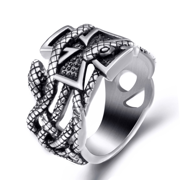 Elfasio Men Stainless Steel Rings Iron Cross Snake Serpent Masonic ...