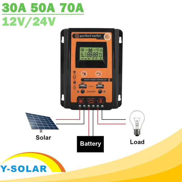 PowMr 30A 50A 70A PWM Solar Charge Controller 12V 24V Auto LCD Display Solar Panel Battery ...