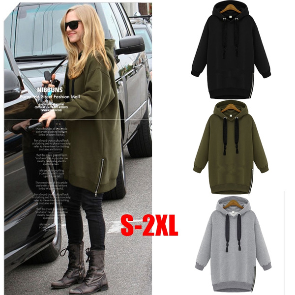 Women Hooded Long Sleeve Solid Color Loose Long Hoodies Sweatshirts