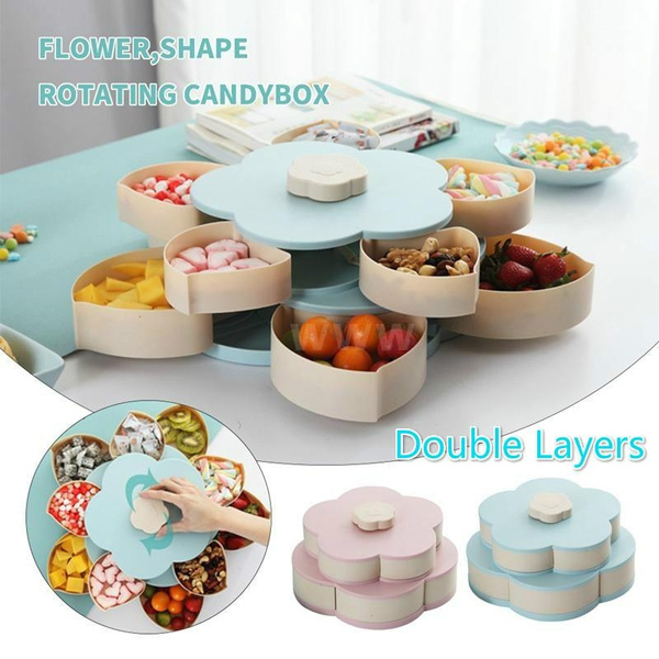 Double Layers Snack Box Candy Plates Petal-Shape Rotating Snack Tray ...