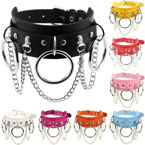 Punk Street Snap Nightclub Pu Leather Choker Metal Ring Chain Necklace ...