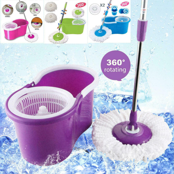 360° Rotating Mop With 2 Microfiber Round Mop Heads and Dehydrating ...