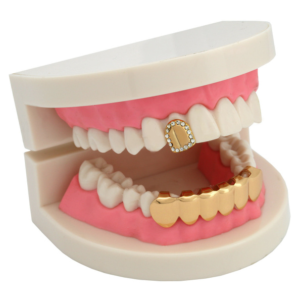 14k Gold Pt Hip Hop Small Cz Around Single Tooth Cap Grill Top & Bottom ...