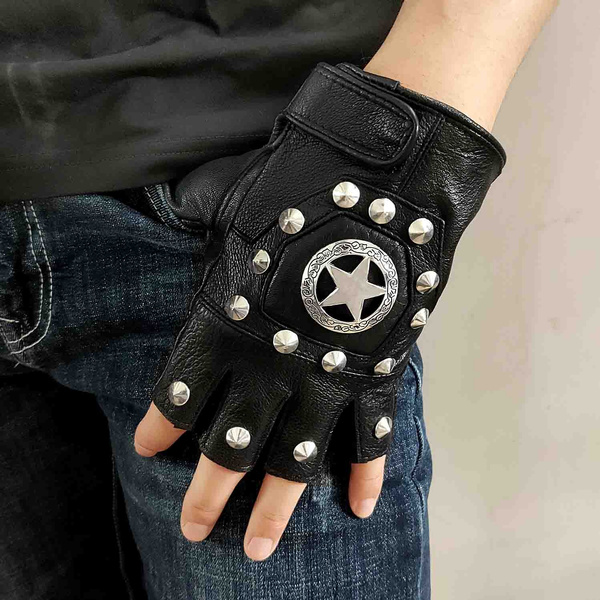 Star Studded Mens Biker Rocker Punk Fingerless Real Leather Gloves | Wish