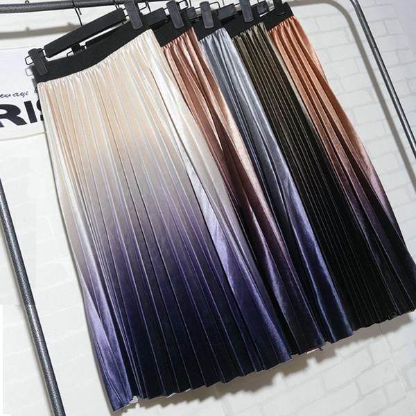 New Autumn Gradient Skirt Pleated Long Skirt Woman High Waist A-Line ...