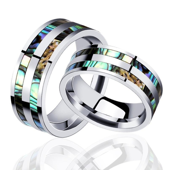 Romantic Couple Ring 316L Titanium Steel Shell Hawaiian Papaya and Abalone Shell Inlaid Wedding ...