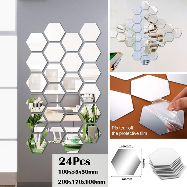 24 Pieces Hexagon Removable Acrylic Mirror Setting Wall Sticker Decal ...