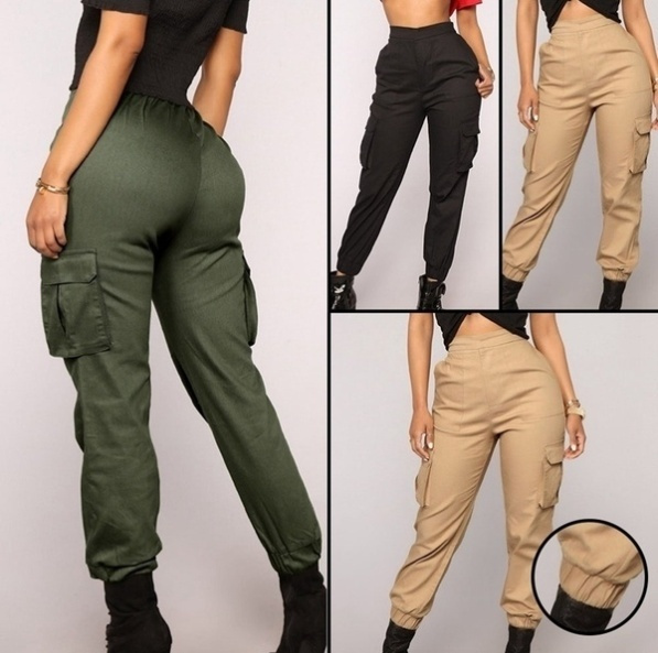 Women Fashion High Waist Pants Casual Skinny Jogger Pants Multi-bag ...
