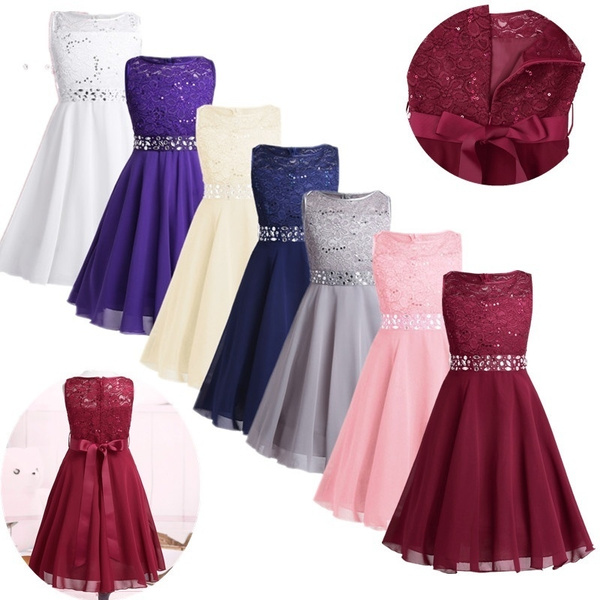 Girls Sequins Lace Chiffon Sleeveless Flower Girl Dress Kids Bodice ...